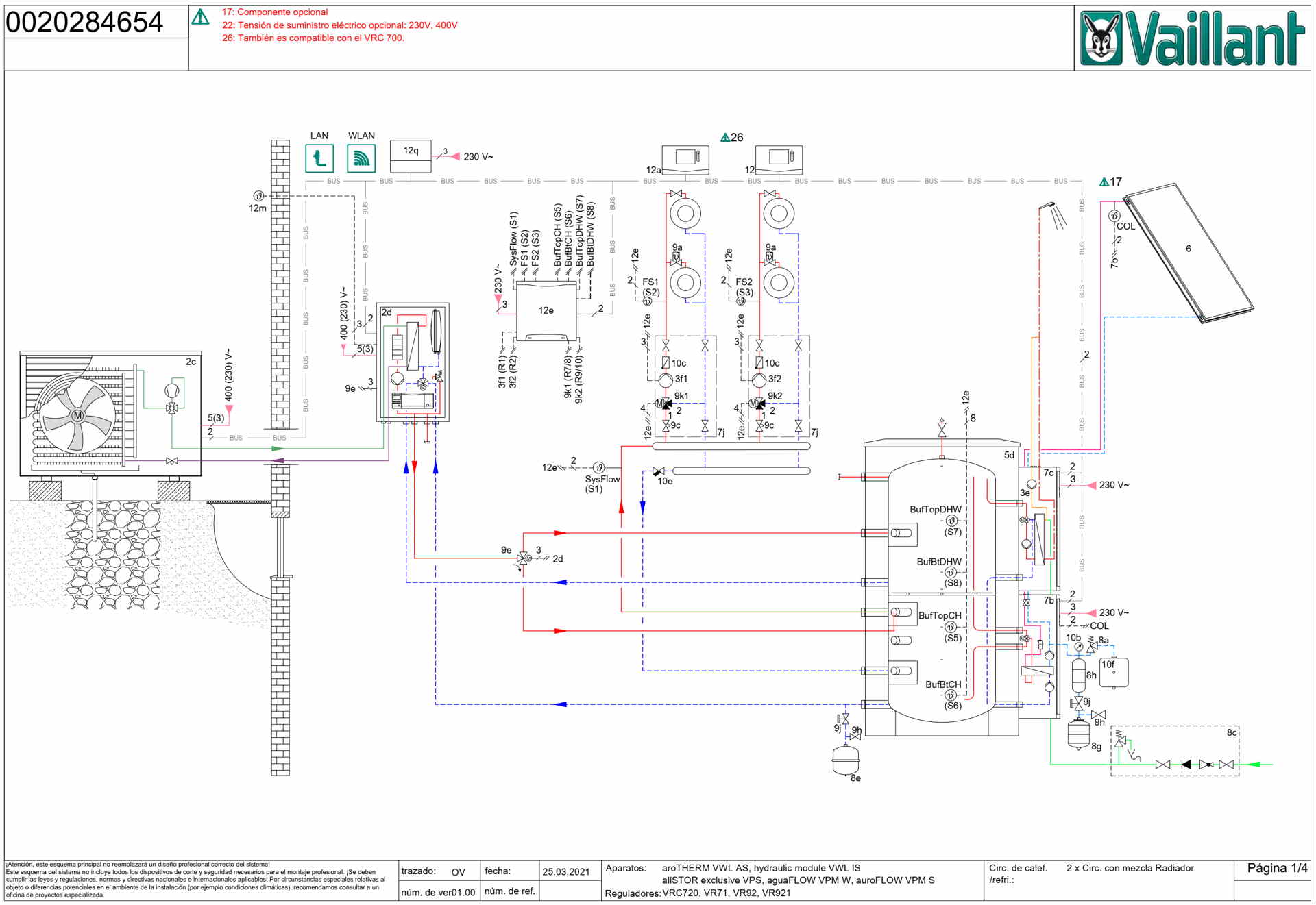 Esquema de aerotermia con depósito de inercia (para 3 tipos de instalación)